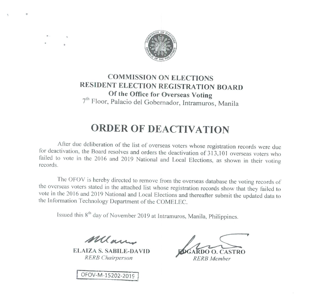 COMELEC Order of Deactivation: List of overseas voters who failed to ...