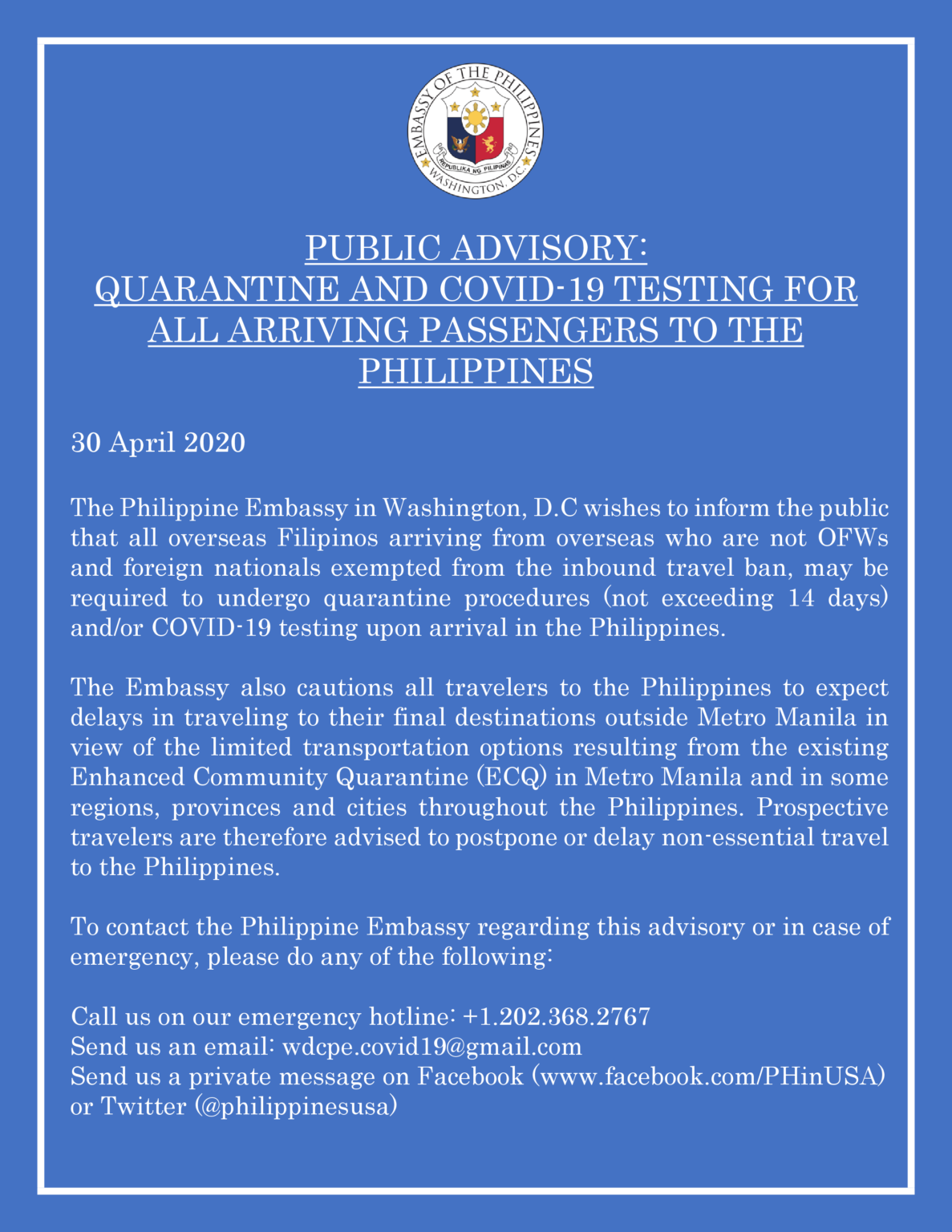 PUBLIC ADVISORY: QUARANTINE AND COVID-19 TESTING FOR ALL ARRIVING ...