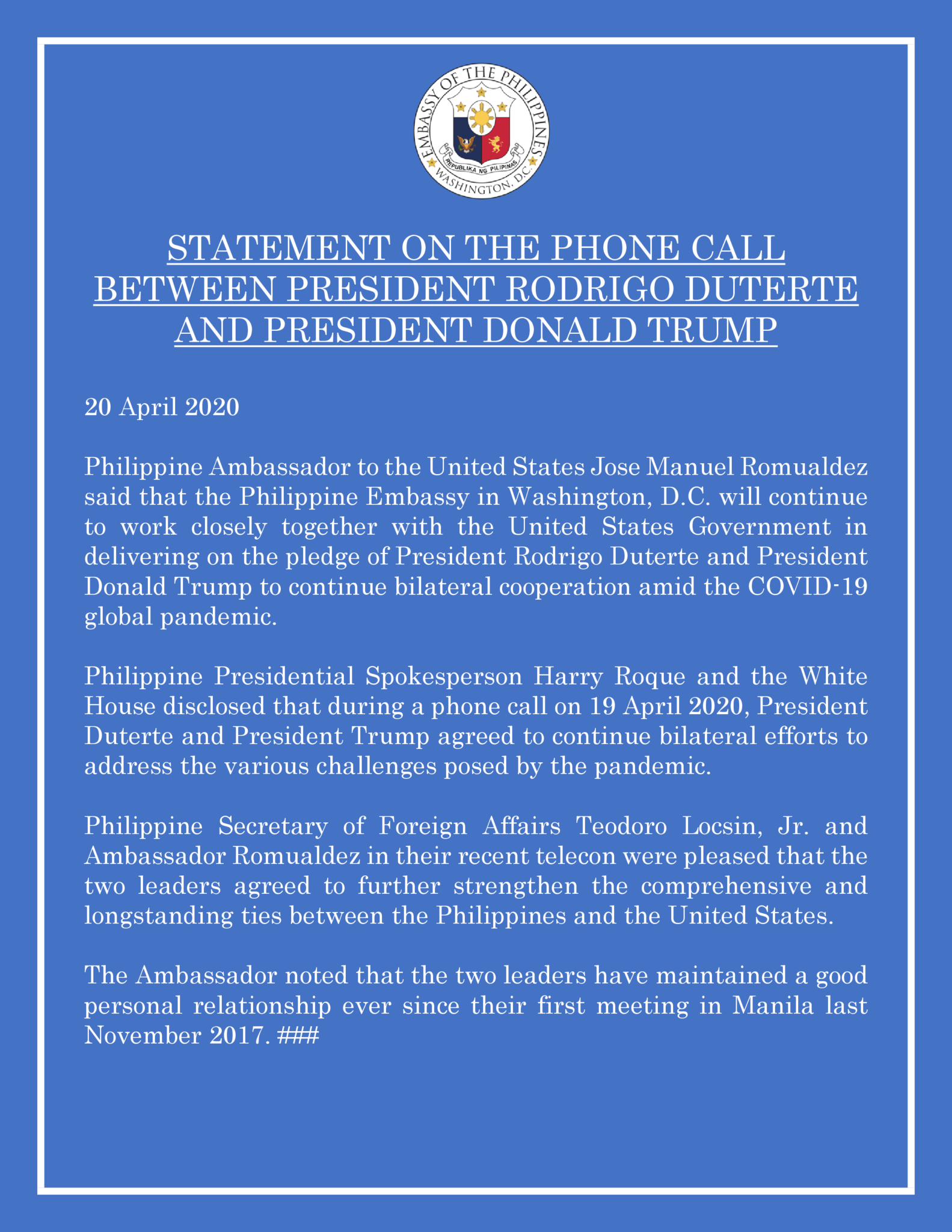 STATEMENT ON THE PHONE CALL BETWEEN PRESIDENT RODRIGO DUTERTE AND ...