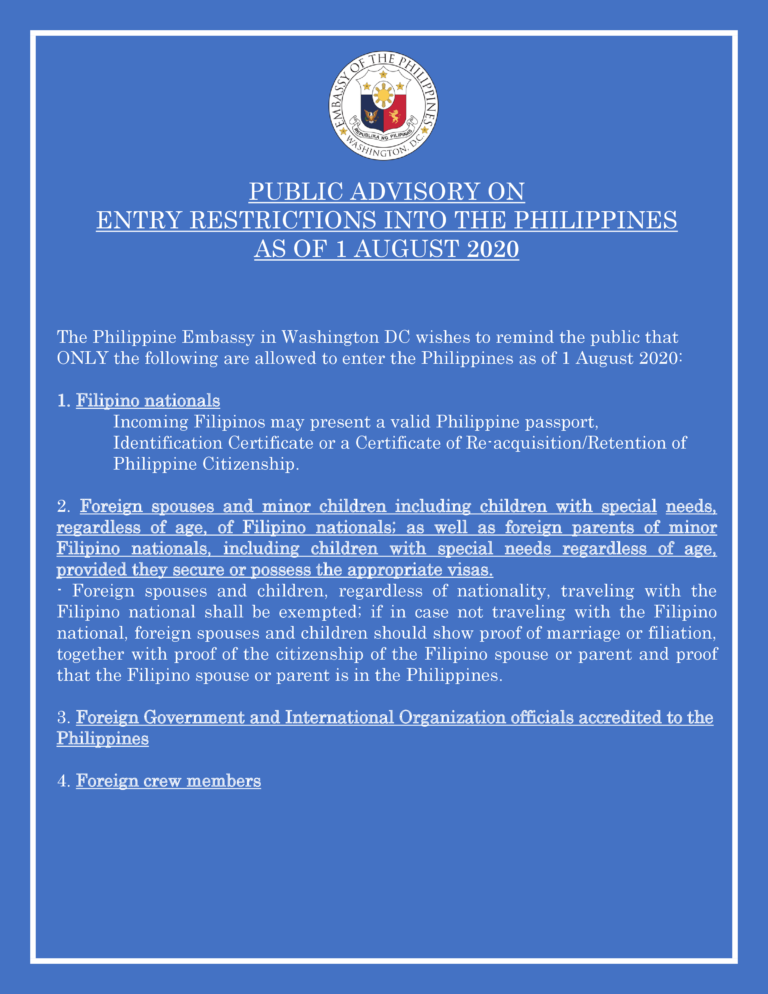 PUBLIC ADVISORY ON ENTRY RESTRICTIONS INTO THE PHILIPPINES AS OF 1 ...