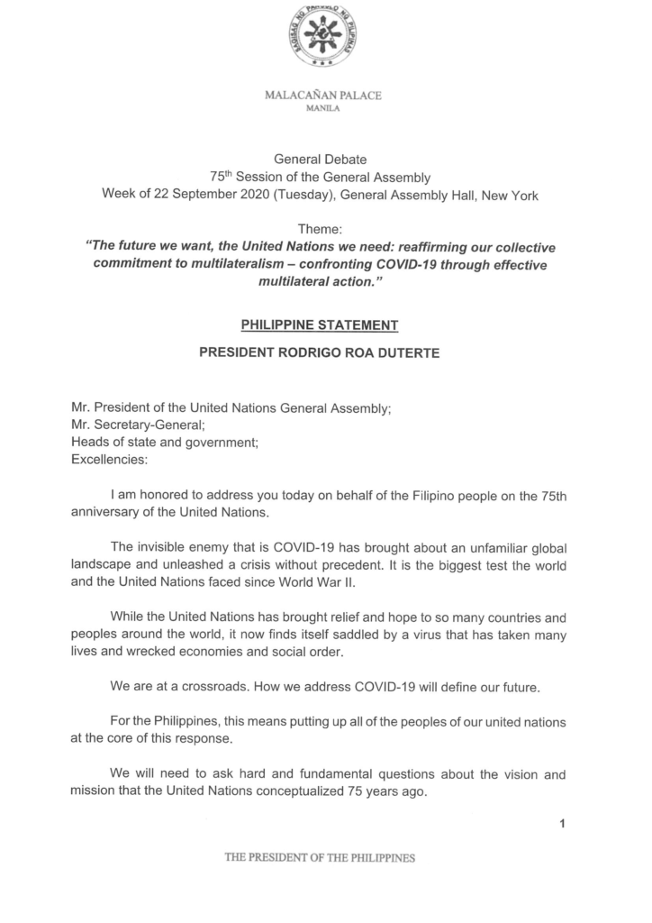 NATIONAL STATEMENT DELIVERED BY PRESIDENT RODRIGO ROA DUTERTE FOR THE ...