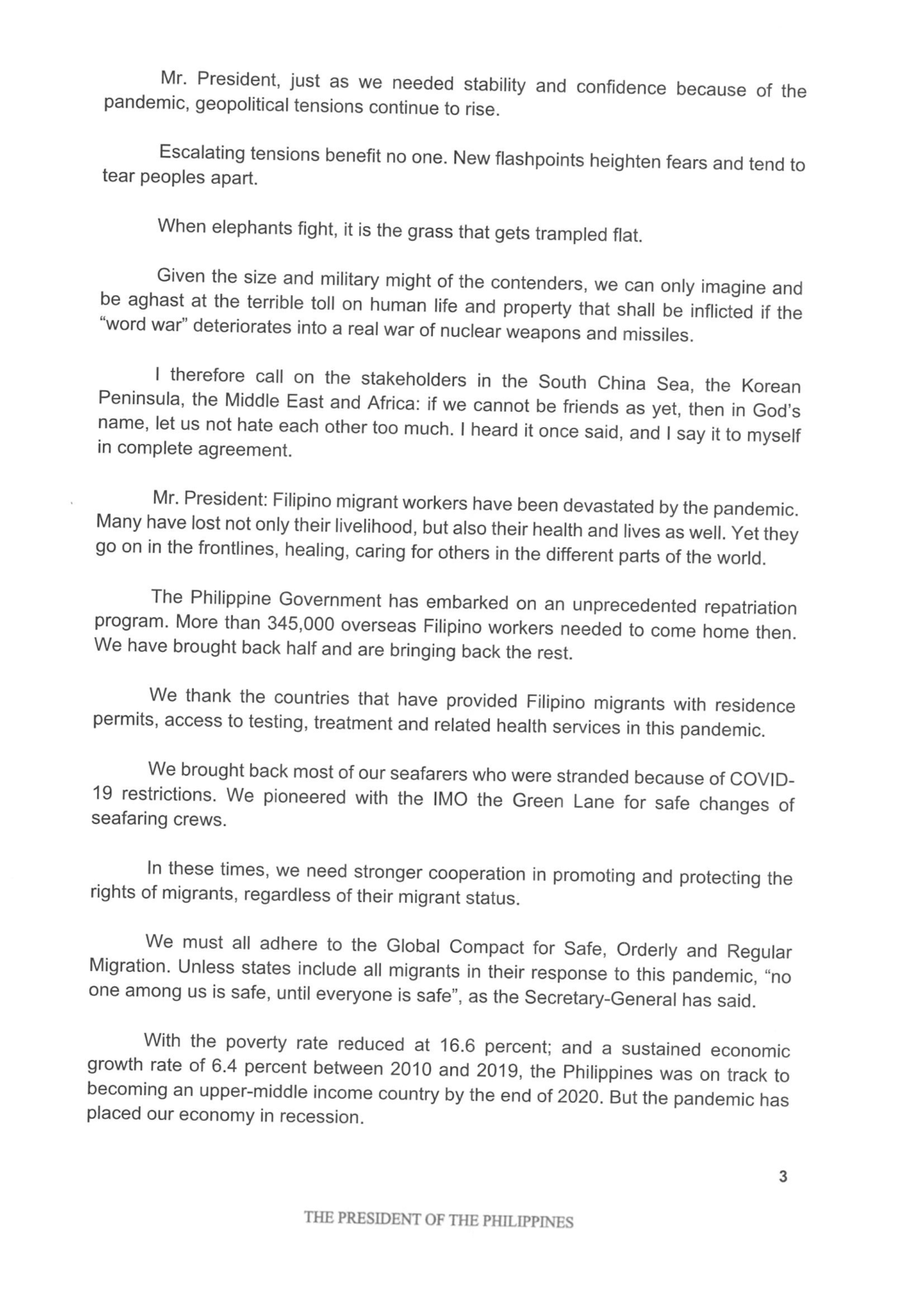 NATIONAL STATEMENT DELIVERED BY PRESIDENT RODRIGO ROA DUTERTE FOR THE ...