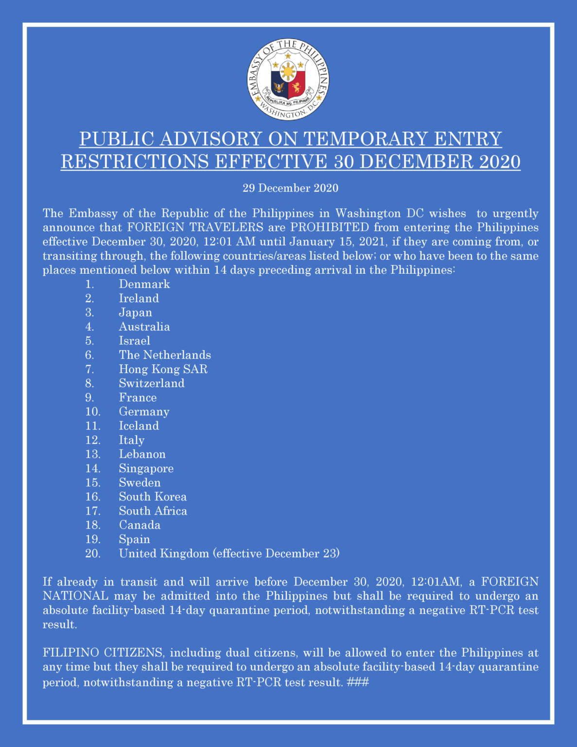 PUBLIC ADVISORY ON TEMPORARY ENTRY RESTRICTIONS EFFECTIVE 30 DECEMBER ...