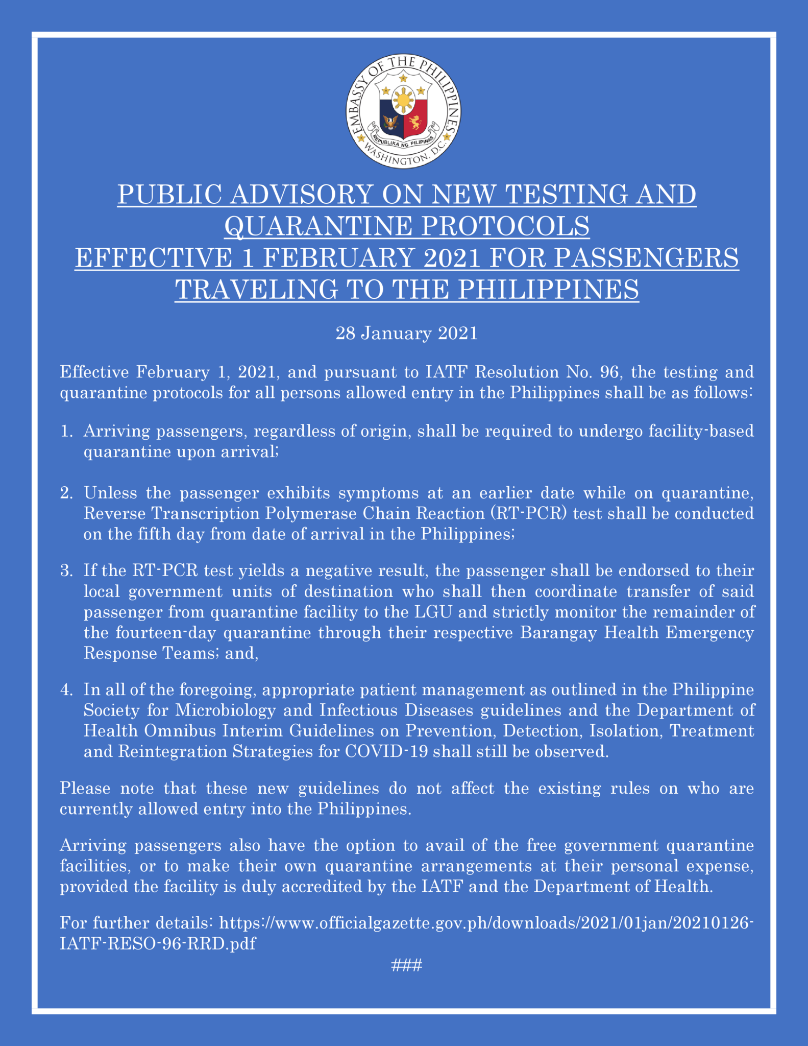 PUBLIC ADVISORY ON NEW TESTING AND QUARANTINE PROTOCOLS EFFECTIVE 1 ...