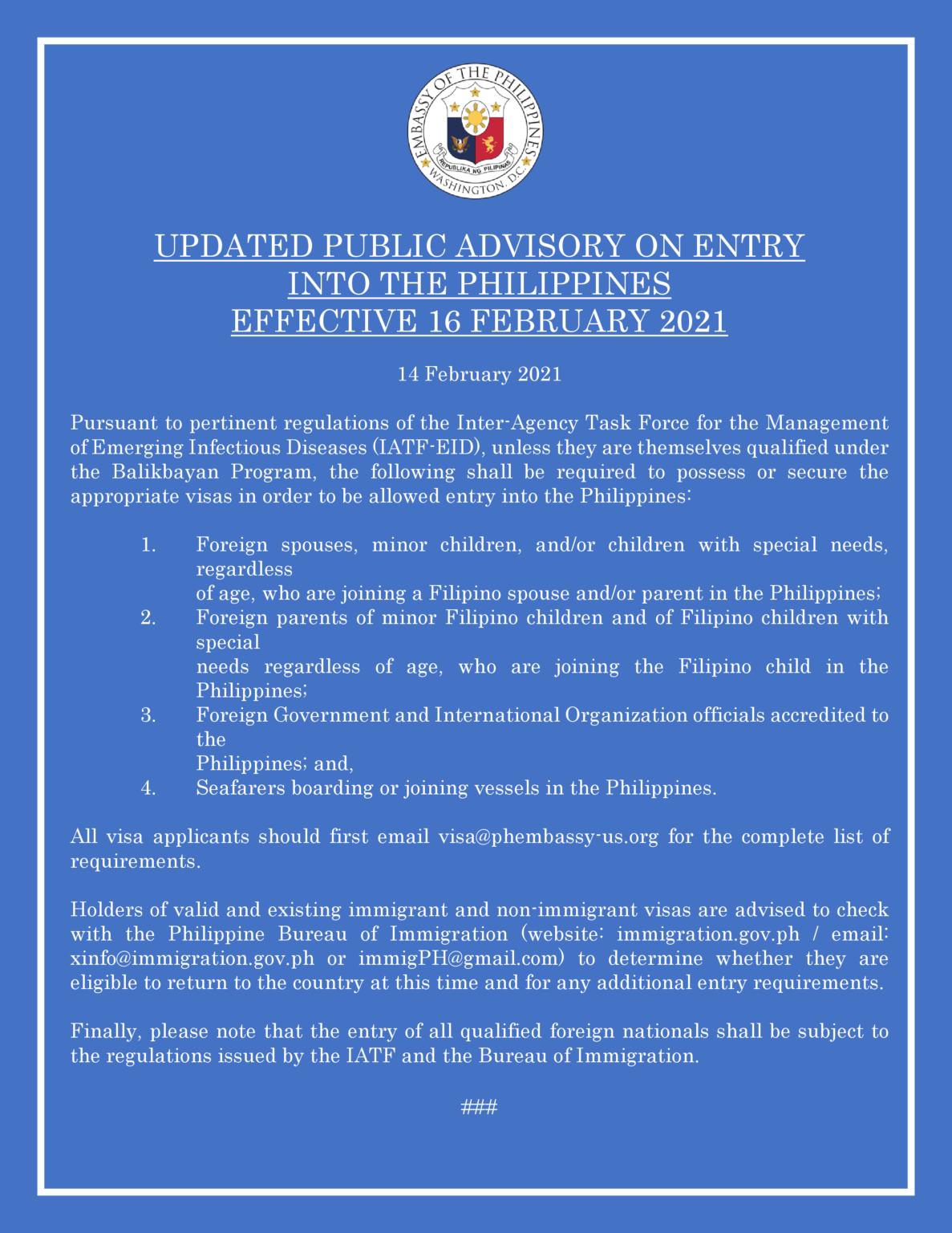 PUBLIC ADVISORY ON ENTRY INTO THE PHILIPPINES EFFECTIVE 16 FEBRUARY ...