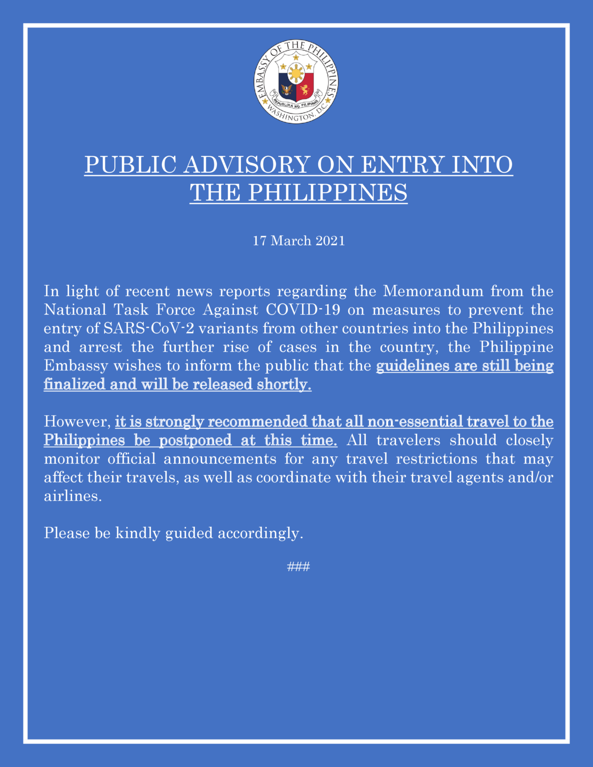 PUBLIC ADVISORY ON ENTRY INTO THE PHILIPPINES - Embassy of the Republic ...