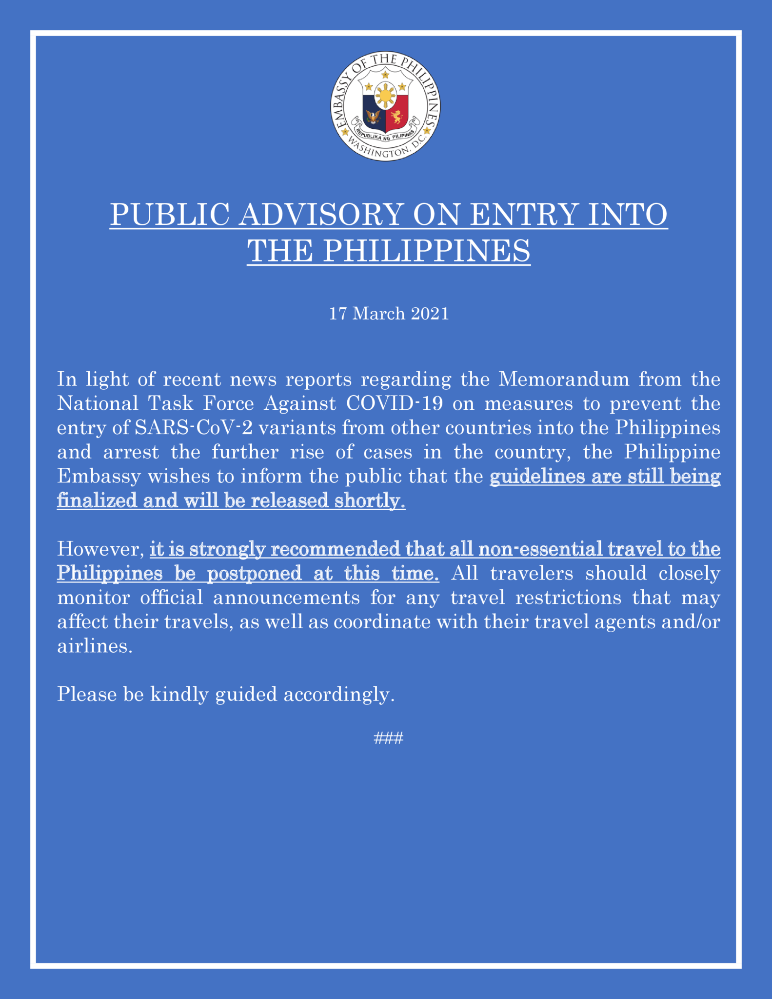 PUBLIC ADVISORY ON ENTRY INTO THE PHILIPPINES - Embassy of the Republic ...