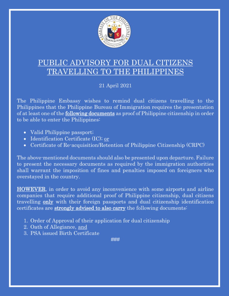 PUBLIC ADVISORY FOR DUAL CITIZENS TRAVELLING TO THE PHILIPPINES ...