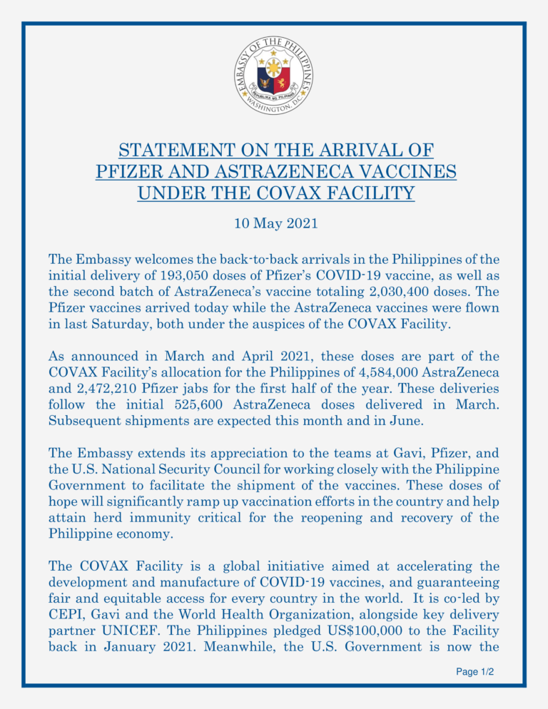 STATEMENT ON THE ARRIVAL OF PFIZER AND ASTRAZENECA VACCINES UNDER THE ...