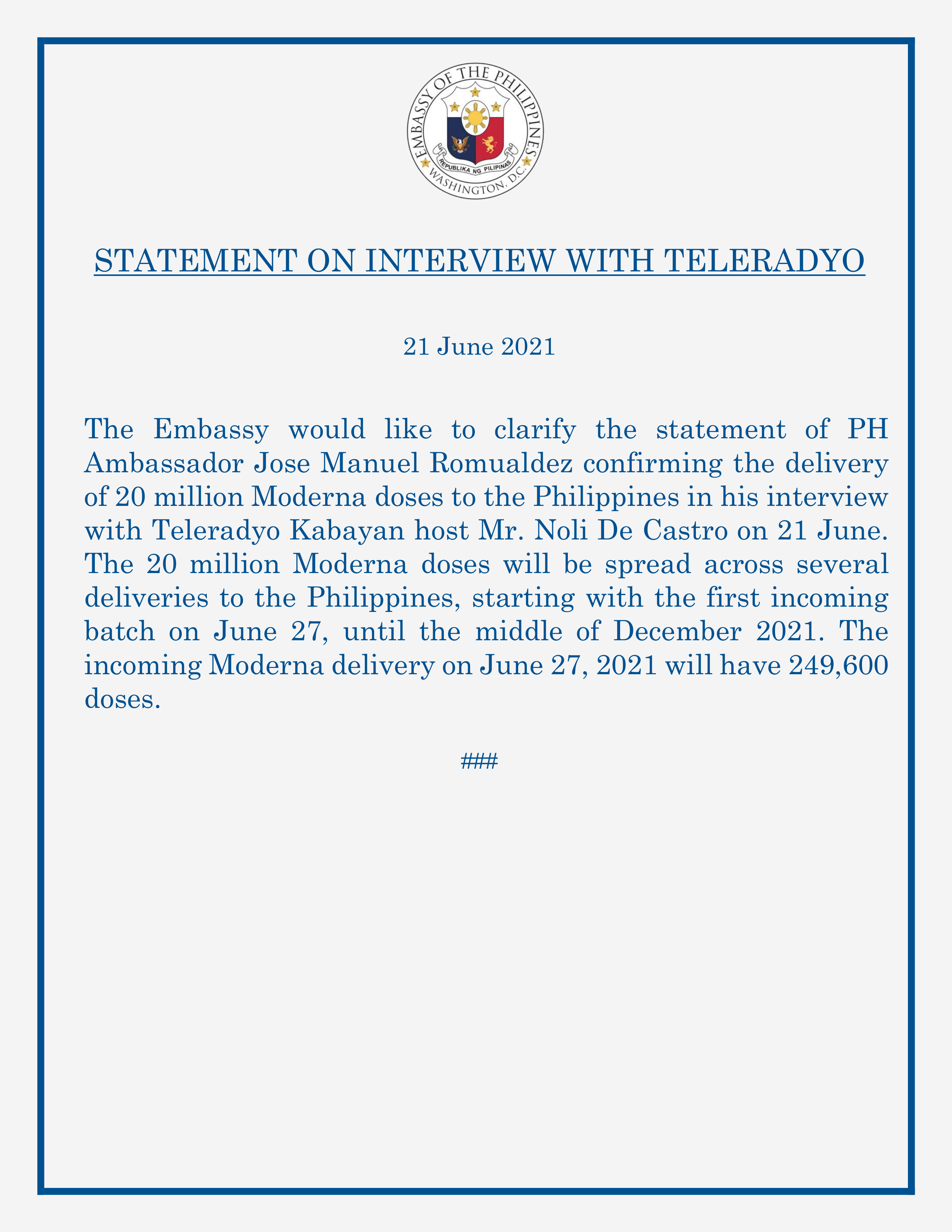 STATEMENT ON INTERVIEW WITH TELERADYO - Embassy of the Republic of the ...