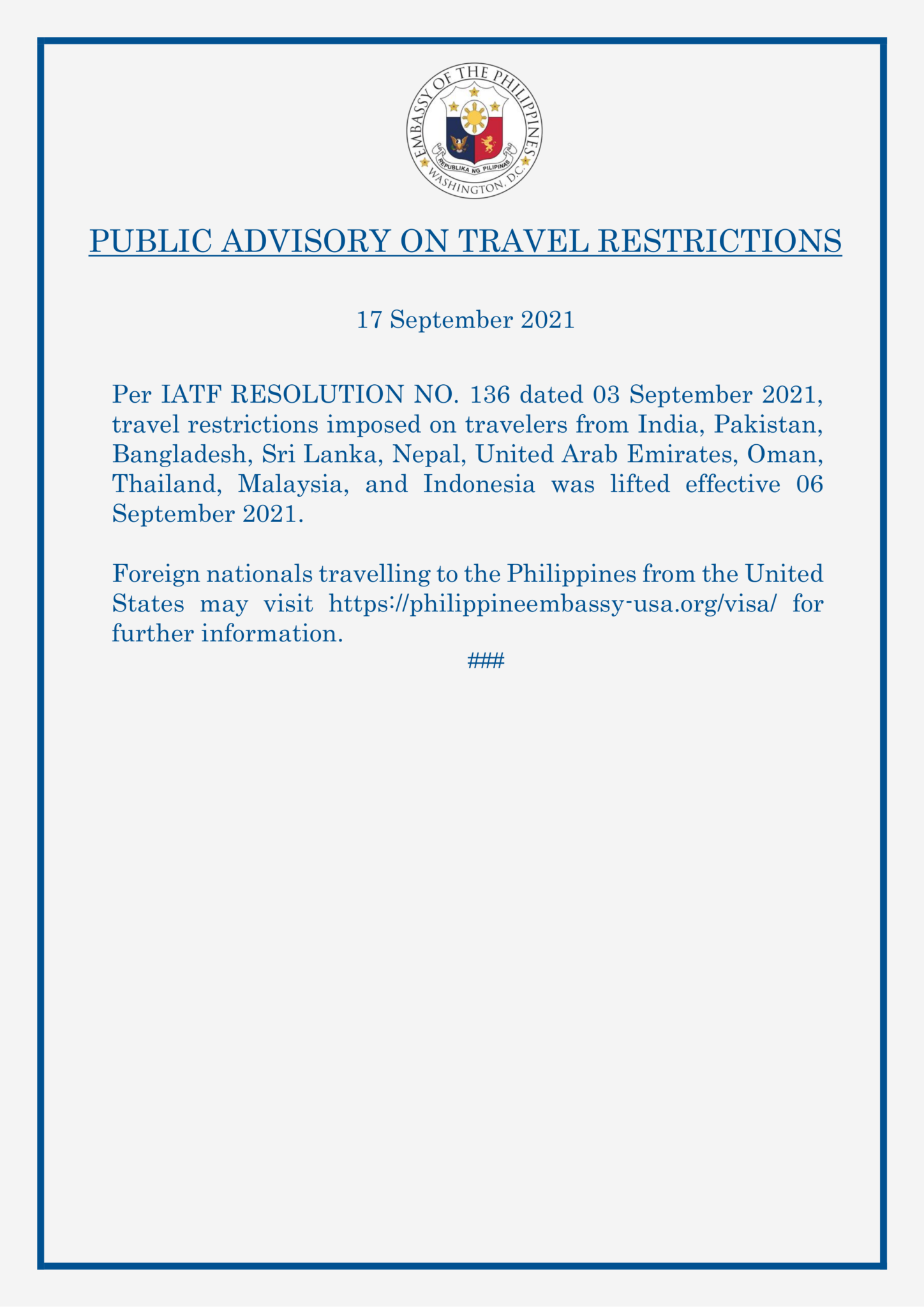 PUBLIC ADVISORY ON TRAVEL RESTRICTIONS - Embassy of the Republic of the ...