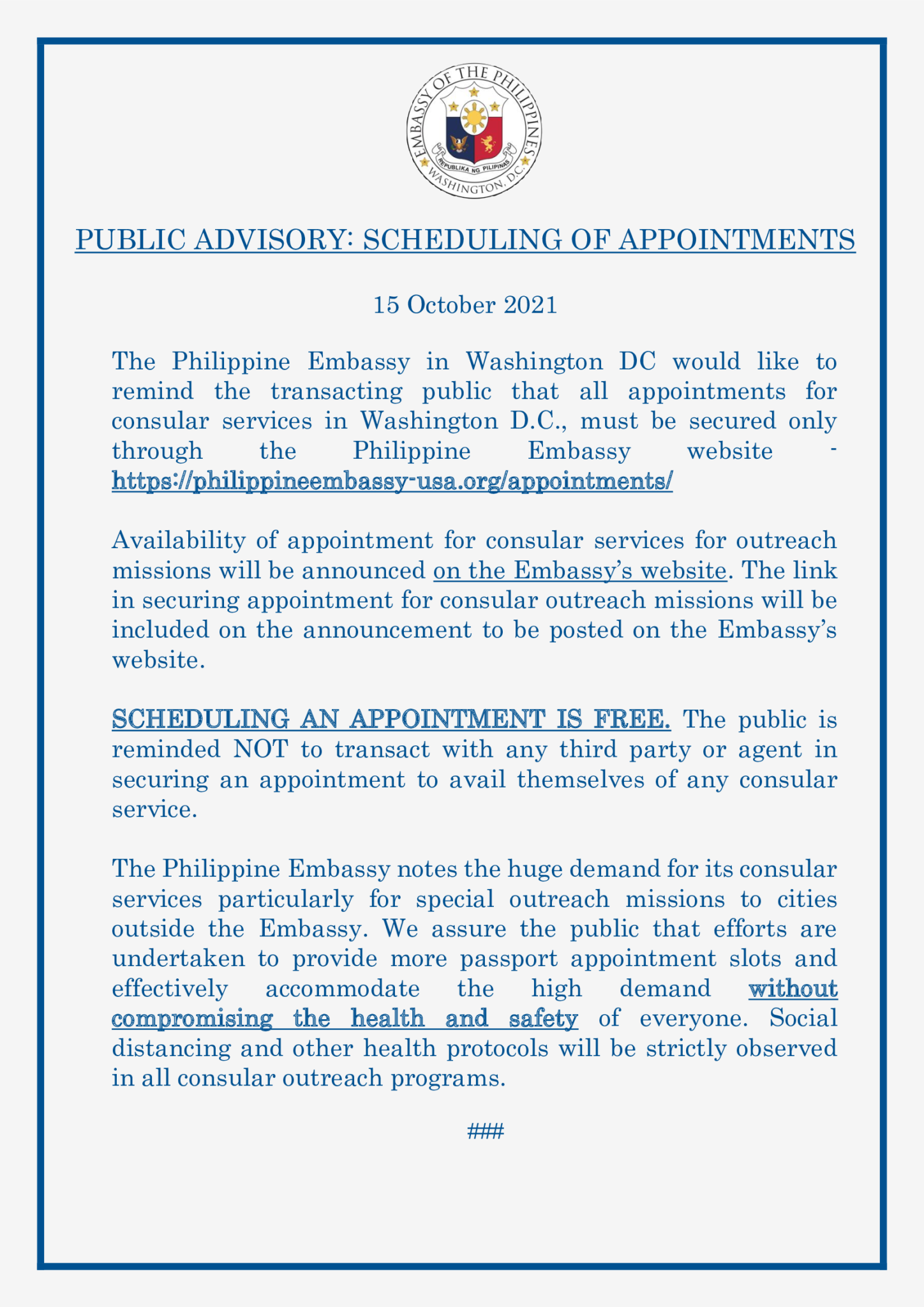 PUBLIC ADVISORY: SCHEDULING OF APPOINTMENTS - Embassy of the Republic ...