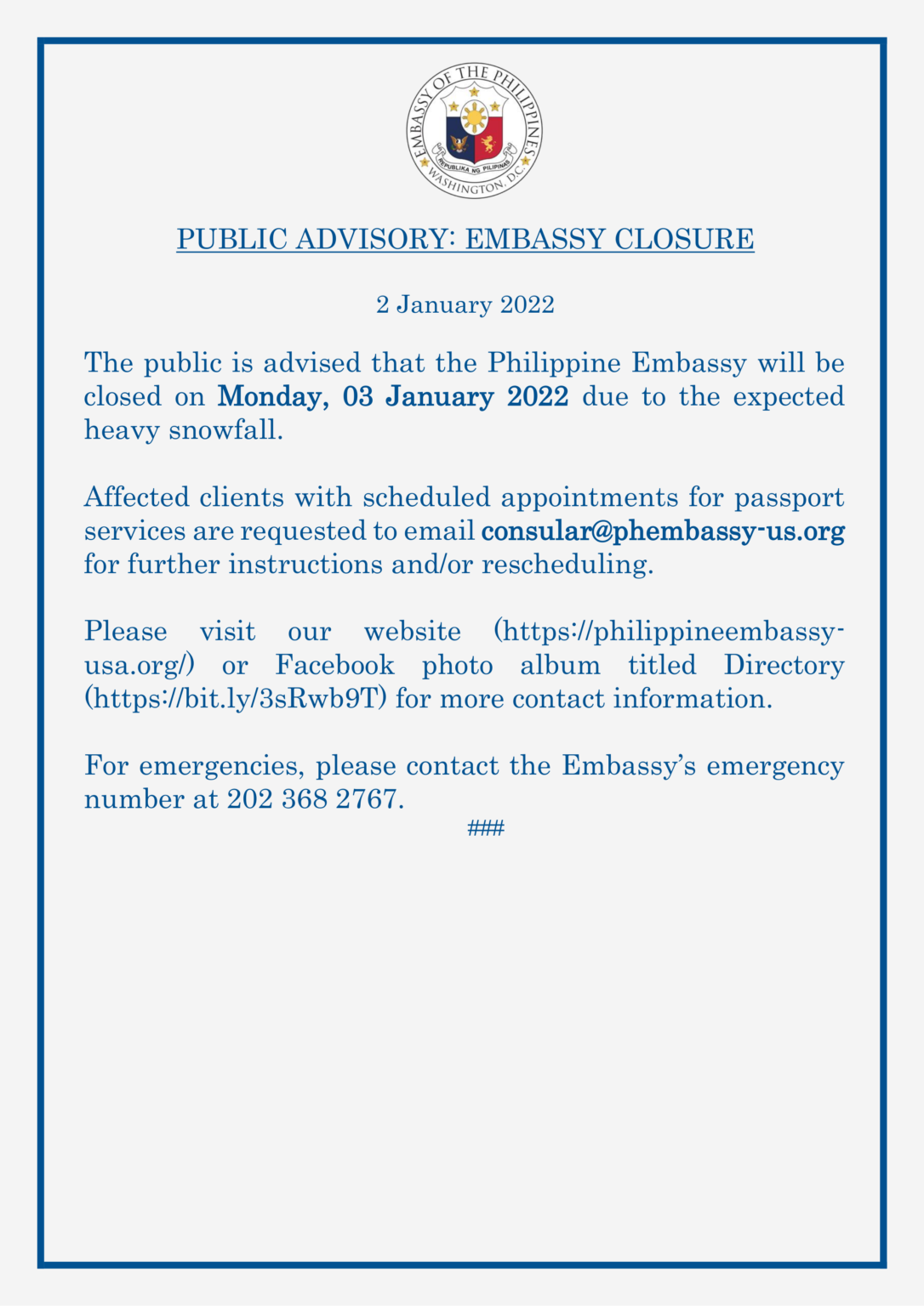 Public Advisory: Embassy Closure - Embassy of the Republic of the ...