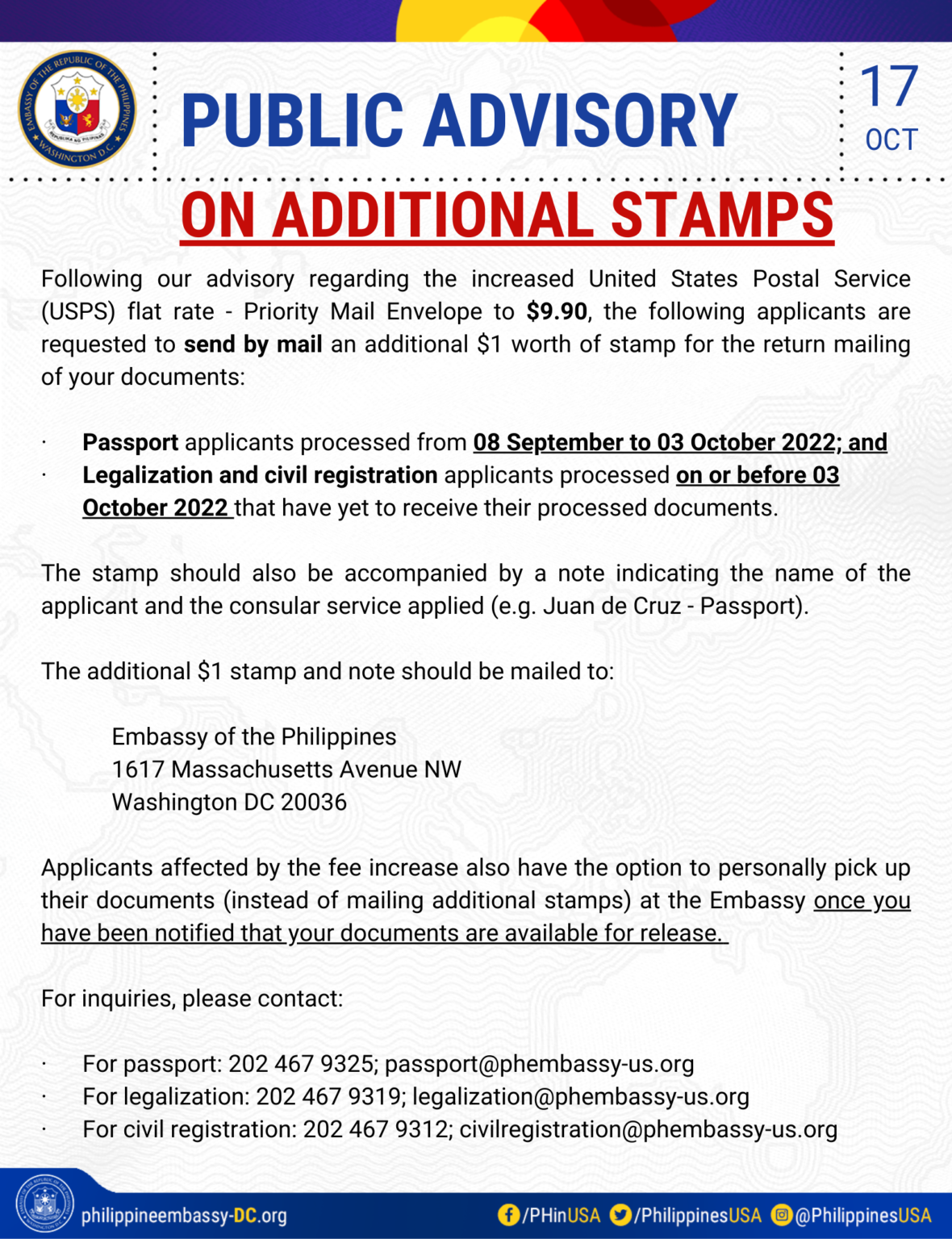 PUBLIC ADVISORY ON ADDITIONAL STAMPS - Embassy of the Republic of the ...
