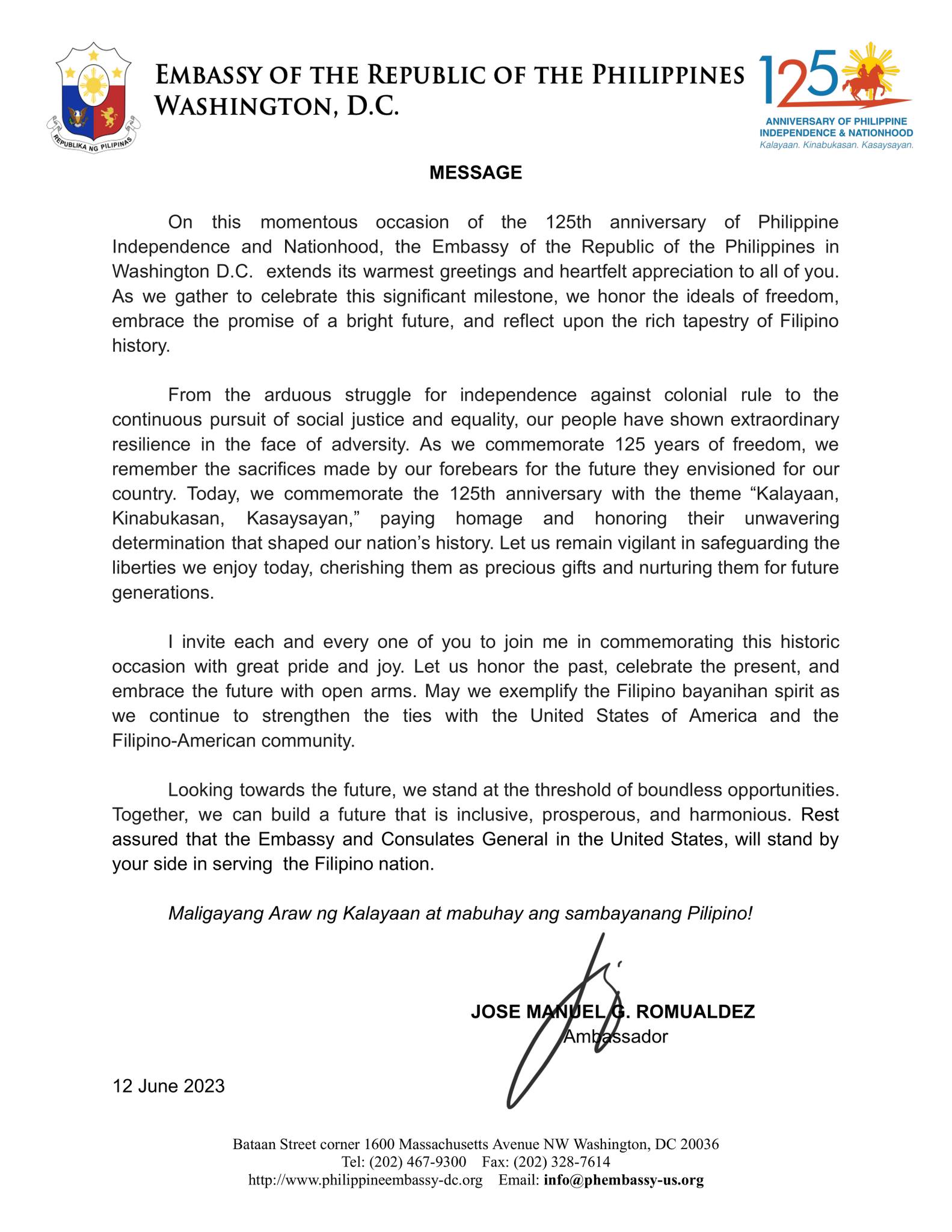 125th Anniversary of the Declaration of Independence & Nationhood Messages of President ...