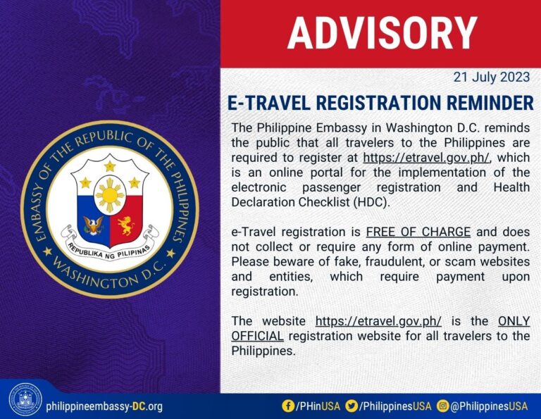 E-TRAVEL REGISTRATION REMINDER - Embassy of the Republic of the Philippines