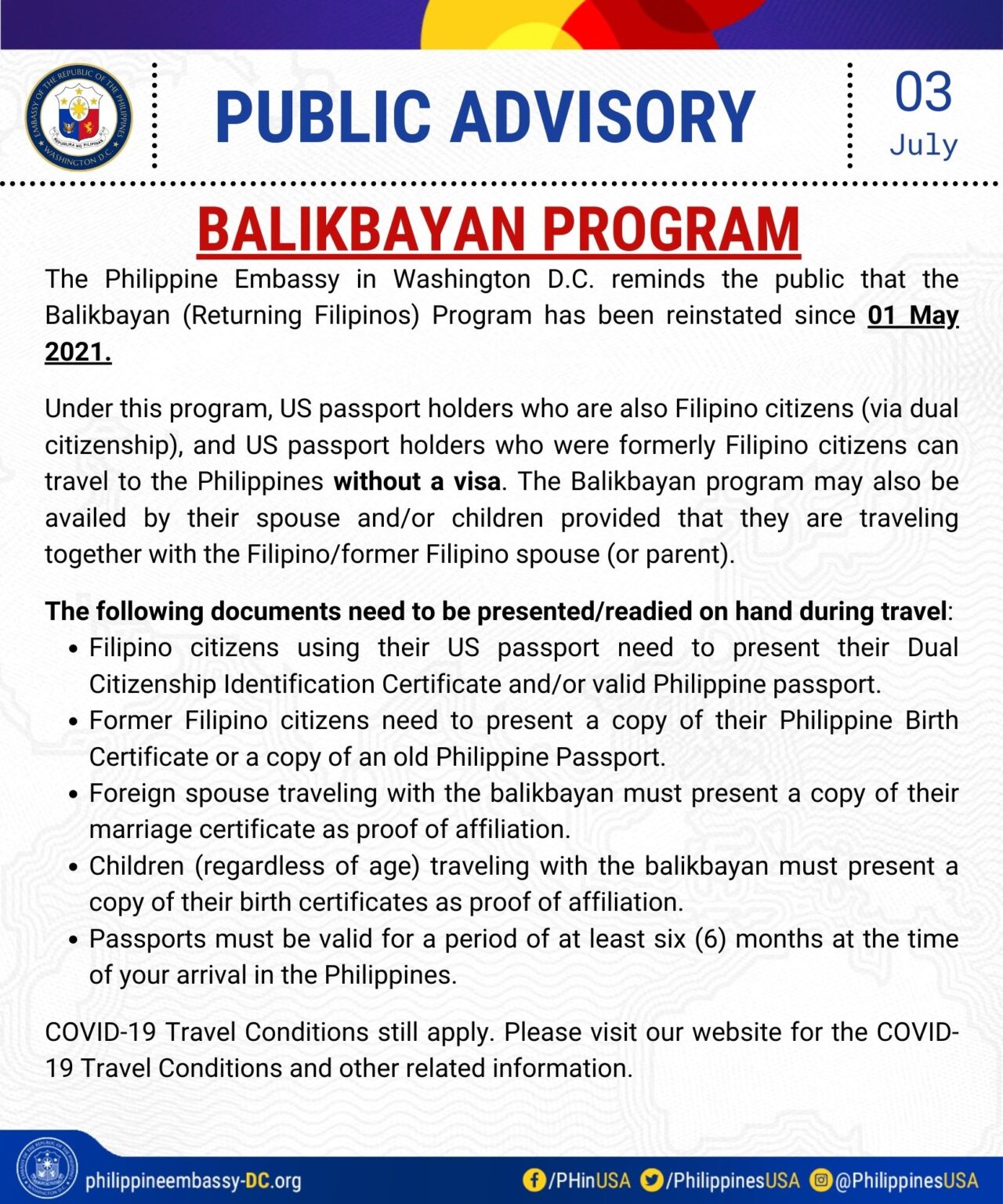 BALIKBAYAN PROGRAM ADVISORY - Embassy of the Republic of the Philippines