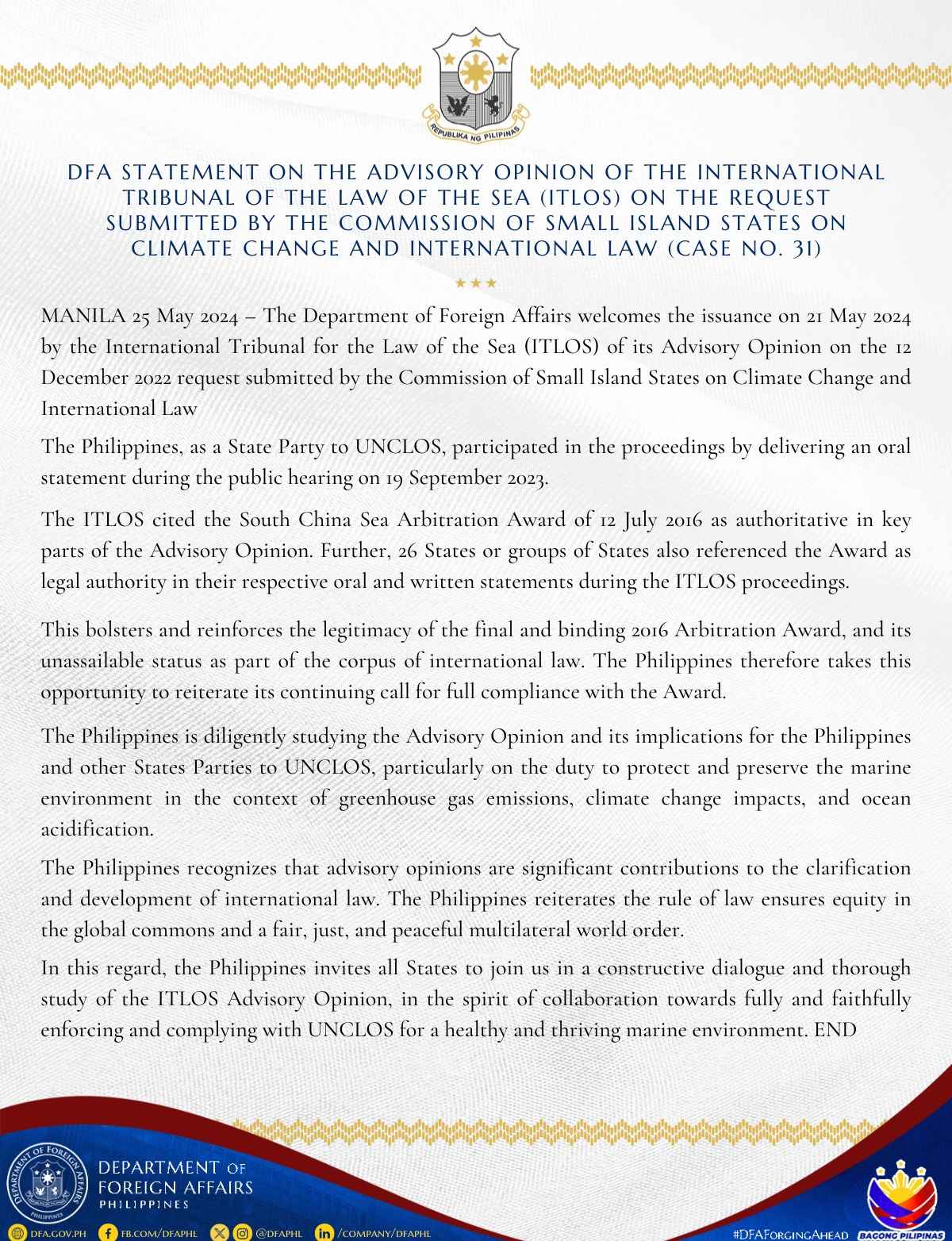 DFA STATEMENT ON THE ADVISORY OPINION OF THE INTERNATIONAL TRIBUNAL OF ...