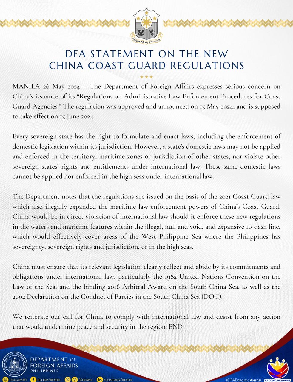 DFA STATEMENT ON THE NEW CHINA COAST GUARD REGULATIONS - Embassy of the ...