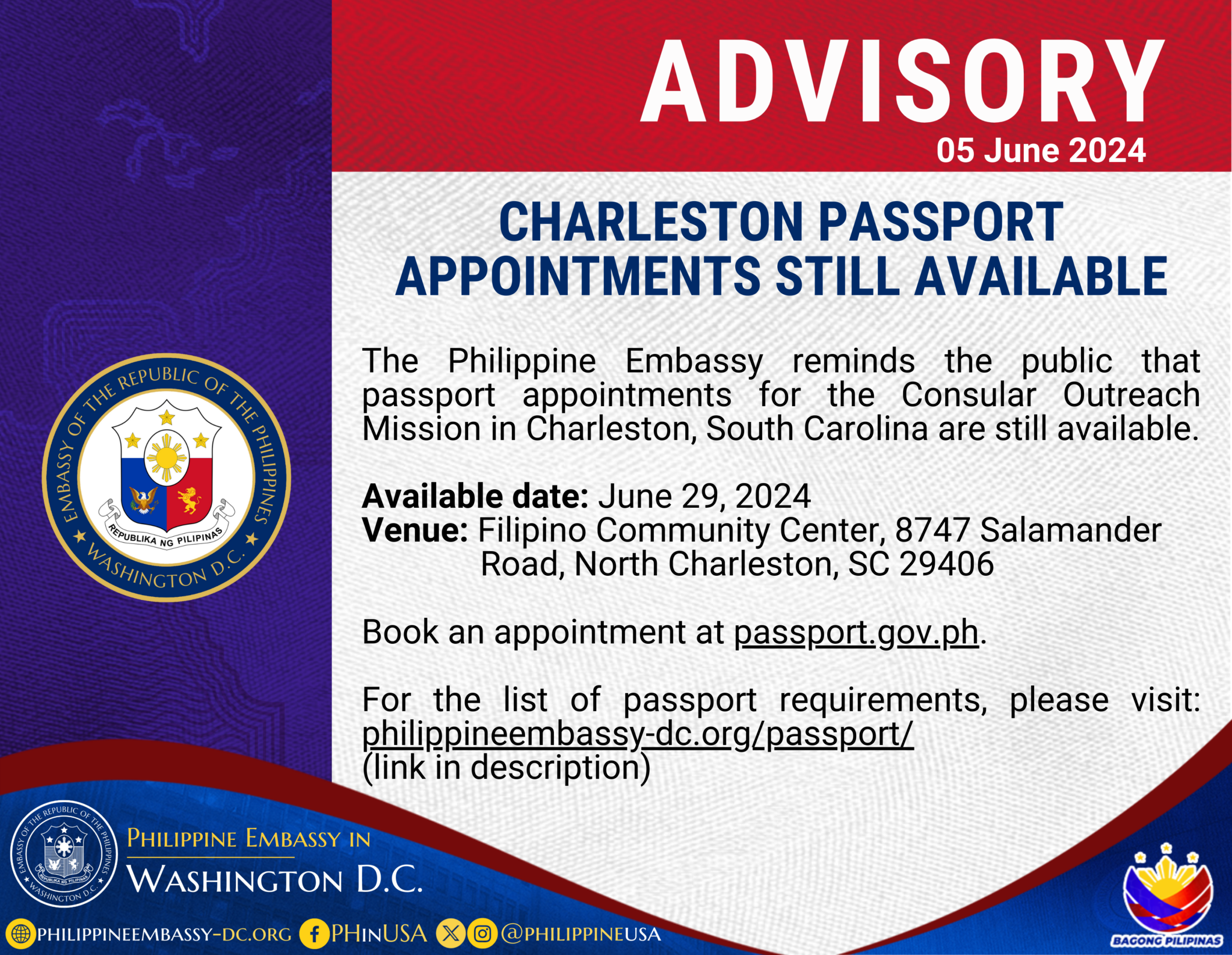 CHARLESTON PASSPORT APPOINTMENTS STILL AVAILABLE - Embassy of the ...