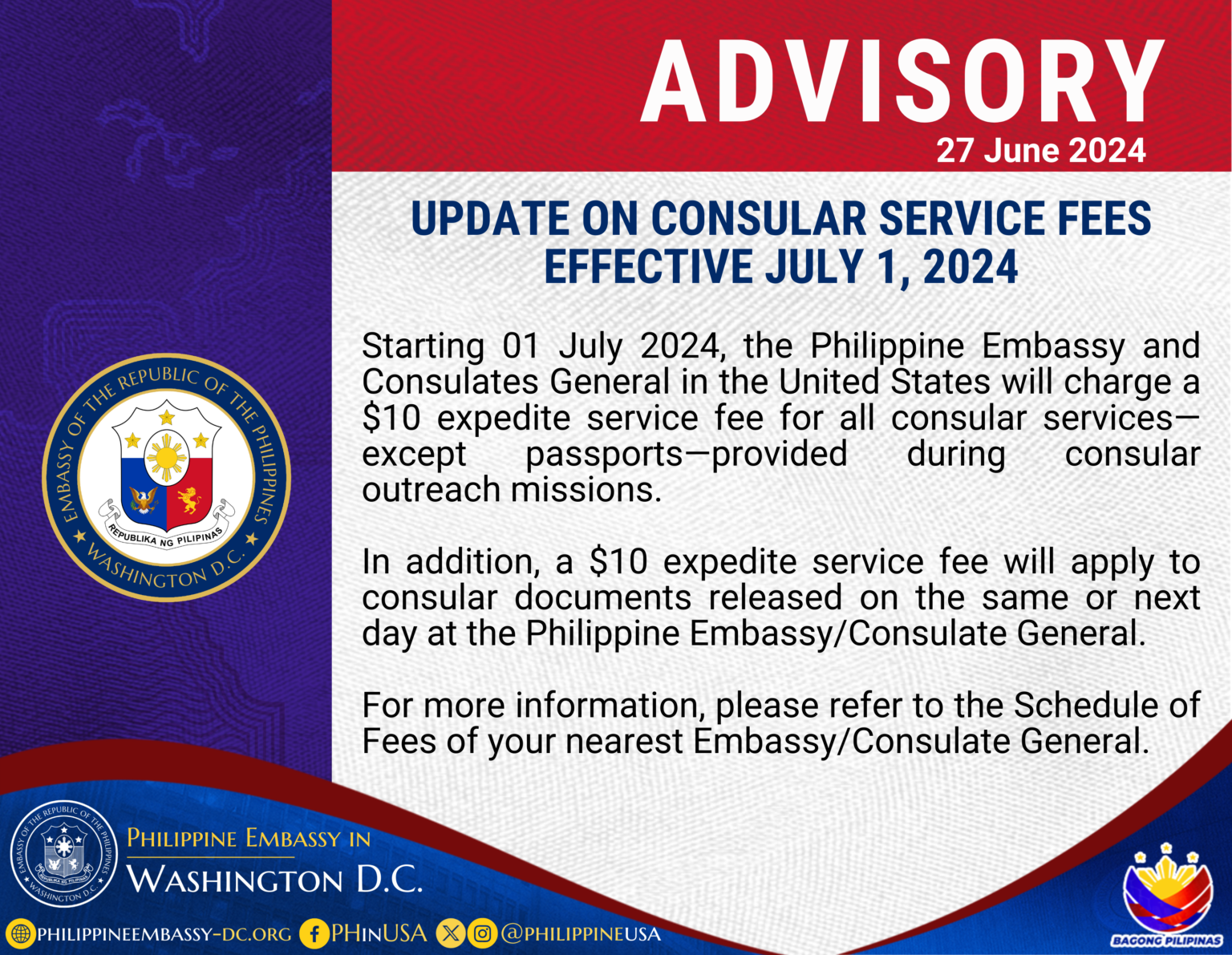 UPDATE ON CONSULAR SERVICE FEES EFFECTIVE JULY 1, 2024 - Embassy of the ...