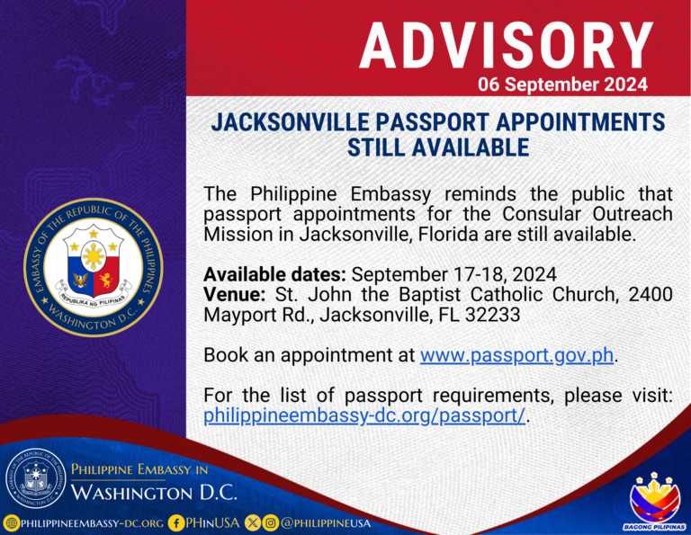 JACKSONVILLE PASSPORT APPOINTMENTS STILL AVAILABLE - Embassy of the Republic of the Philippines