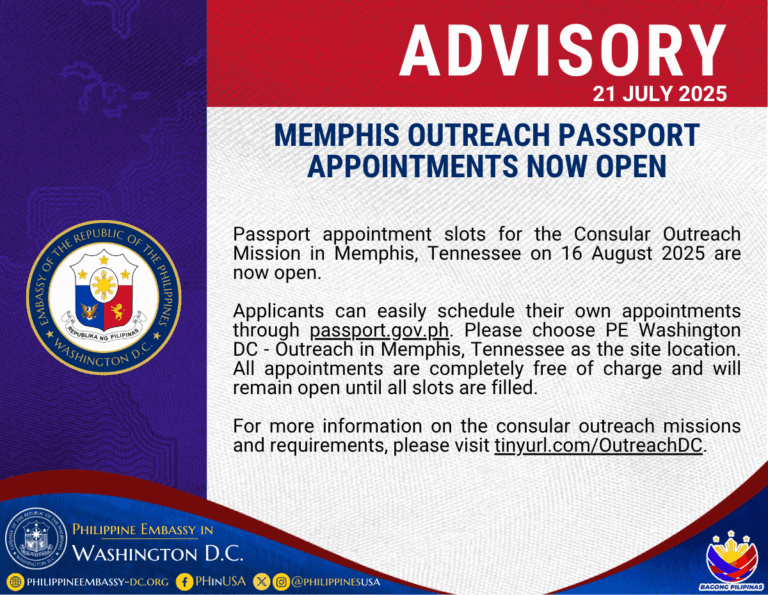 MEMPHIS OUTREACH PASSPORT APPOINTMENTS NOW OPEN - Embassy of the Republic of the Philippines