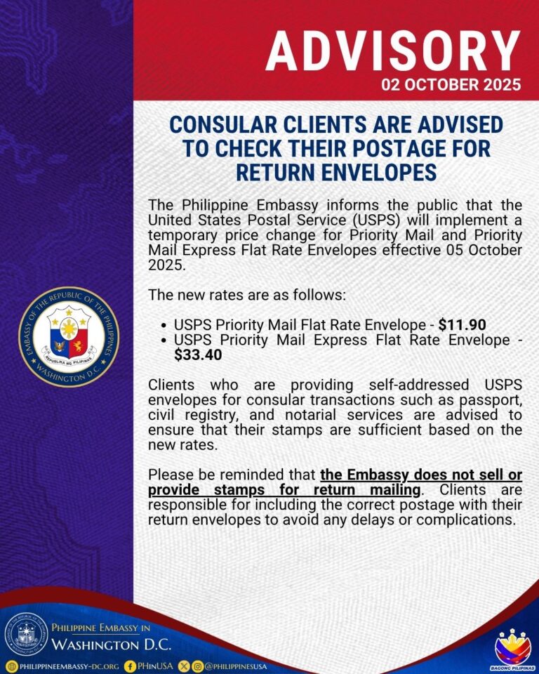 CONSULAR CLIENTS ARE ADVISED TO CHECK THEIR POSTAGE FOR RETURN ...