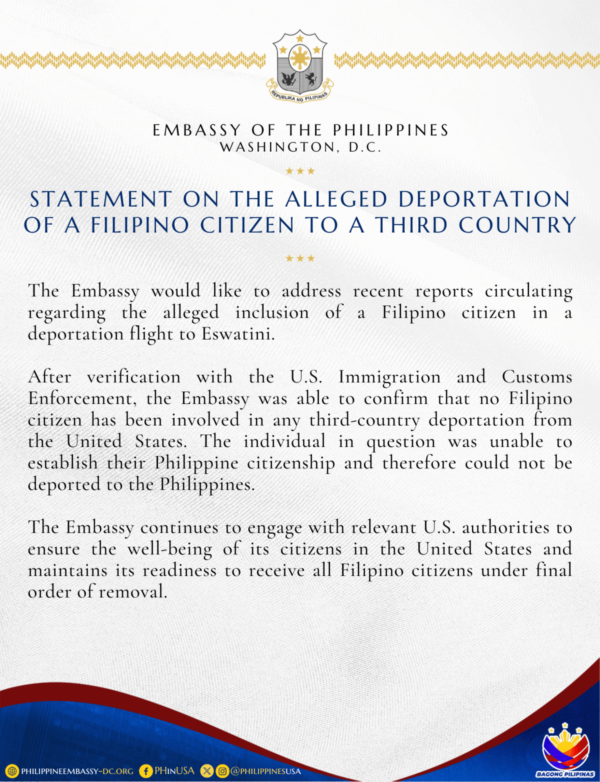 STATEMENT ON THE ALLEGED DEPORTATION OF A FILIPINO CITIZEN TO A THIRD COUNTRY - Embassy of the ...