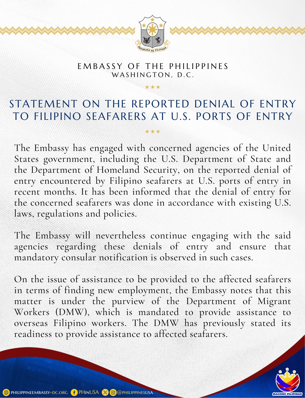 STATEMENT ON THE REPORTED DENIAL OF ENTRY TO FILIPINO SEAFARERS AT U.S ...